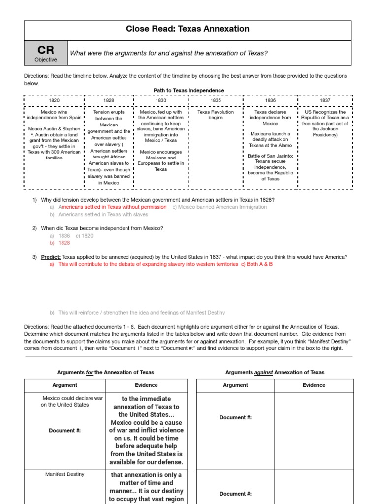 (Template) Close Read - Texas Annexation | PDF | Texas Revolution | The ...
