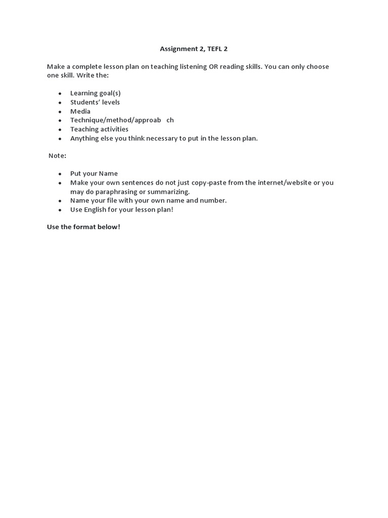 TEFL 2 Lesson Plan for Reading Skills | PDF