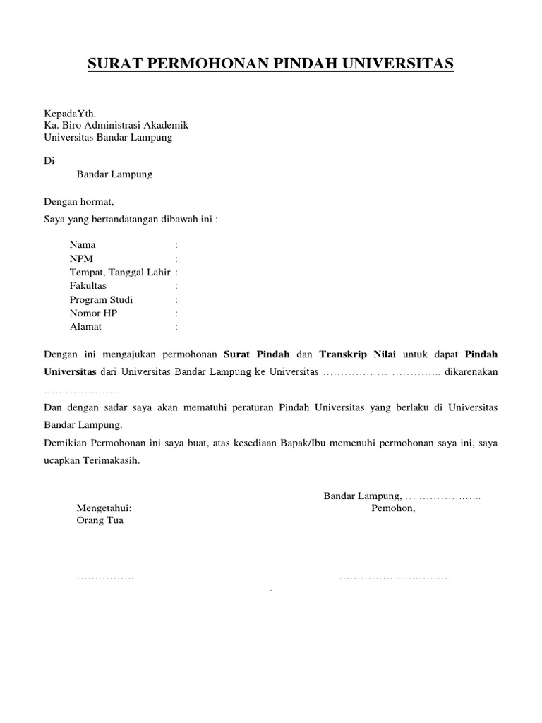 Surat Permohonan Pindah Universitas | PDF