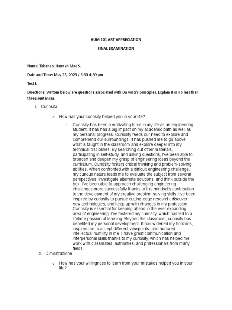 Hum 101 Final Examination | PDF | Thought | Curiosity