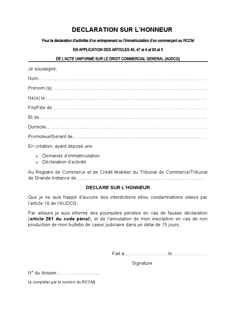 Déclaration d'honneur pour RCCM | PDF