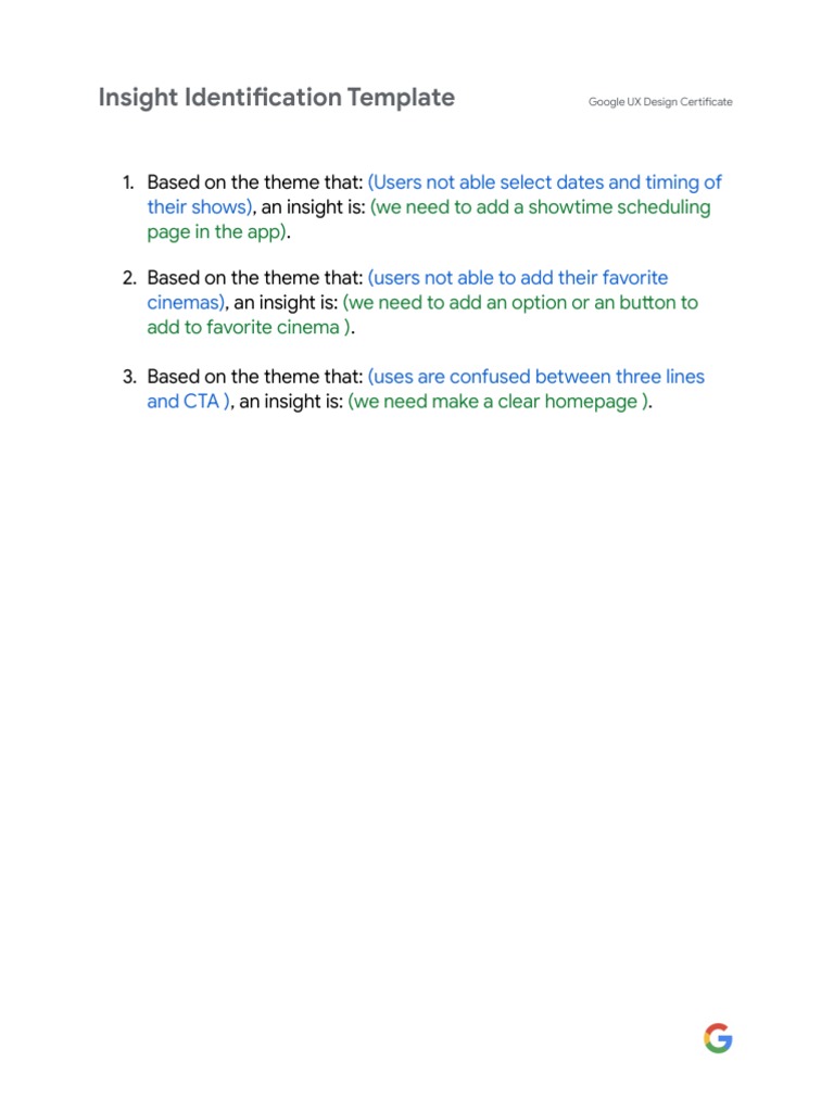 Google UX Design Certificate - Insight Identification (Template) | PDF