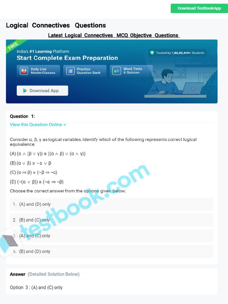 MCQ On Logical Connectives 5eea6a0a39140f30f369dcda | PDF