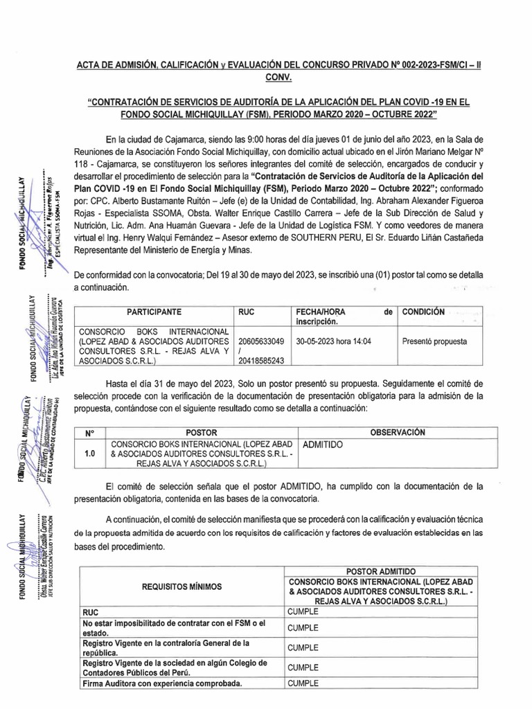 Acta de Calificación y Evaluación C.P. #002-2023-FSM-CI-II CONV. | PDF