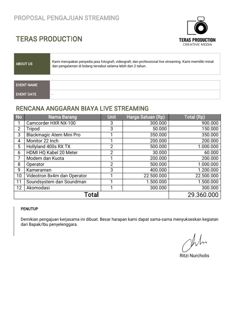 Rencana Anggaran Biaya Live Streaming | PDF