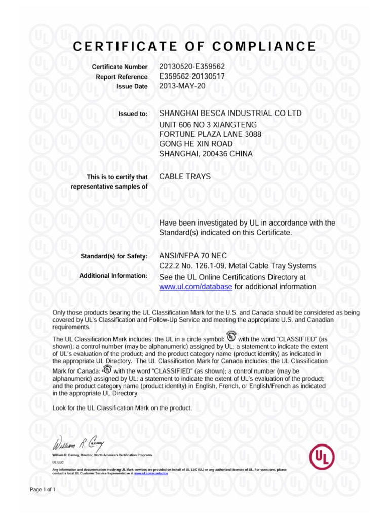 Certificación UL1973 BCT-CAN100105 Canasta Electrozincada | PDF