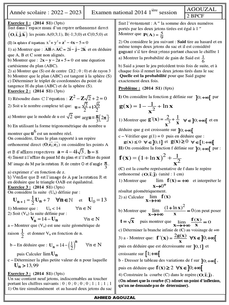 Examen National Maths Sciences Et Technologies 2014 Normale Sujet | PDF ...