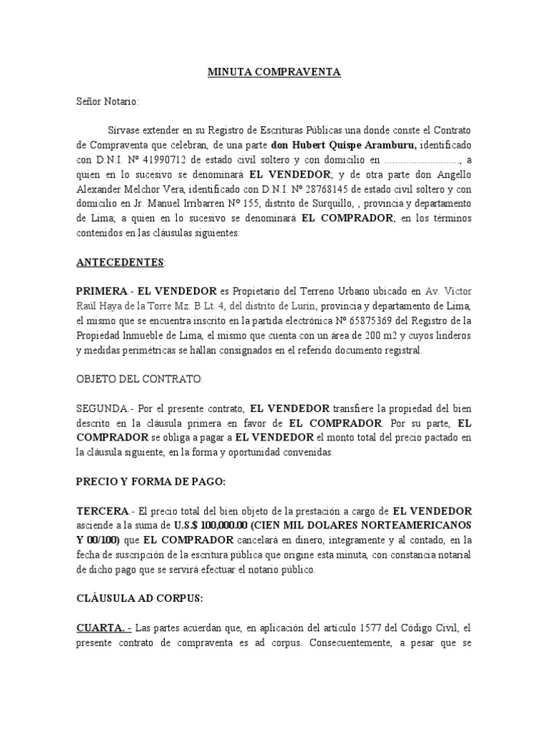 Minuta de Compra Venta Inmueble Hubert | PDF | Justicia | Crimen y violencia