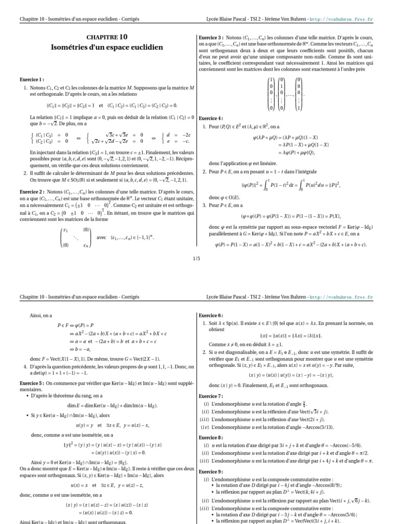 Isometries Espace Euclidien Exercices Cor | PDF