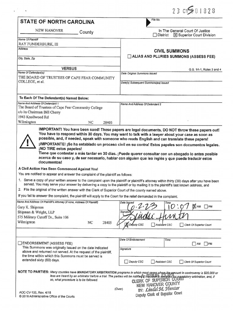 Ray Funderburk III vs. CFCC Board of Trustees | PDF