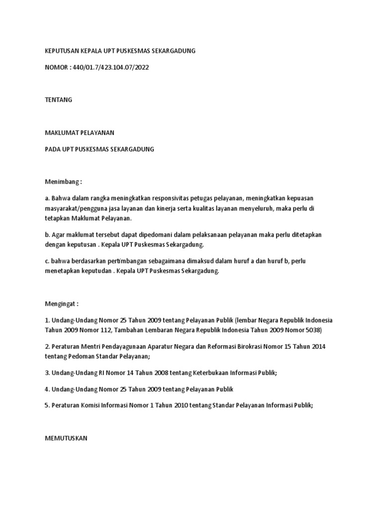 SK Kepala Puskesmas Tentang Maklumat Pelayanan | PDF