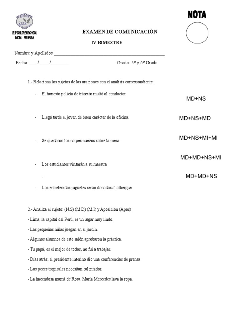 Examen de Comunicacion de 5y6 Grado | PDF
