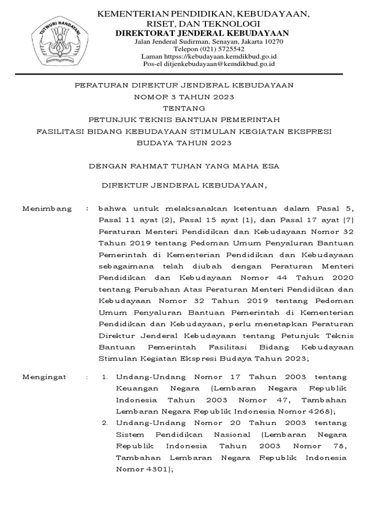 Perdirjen Nomor 3 Tahun 2023 Juknis FBK Stimulan 2023 | PDF