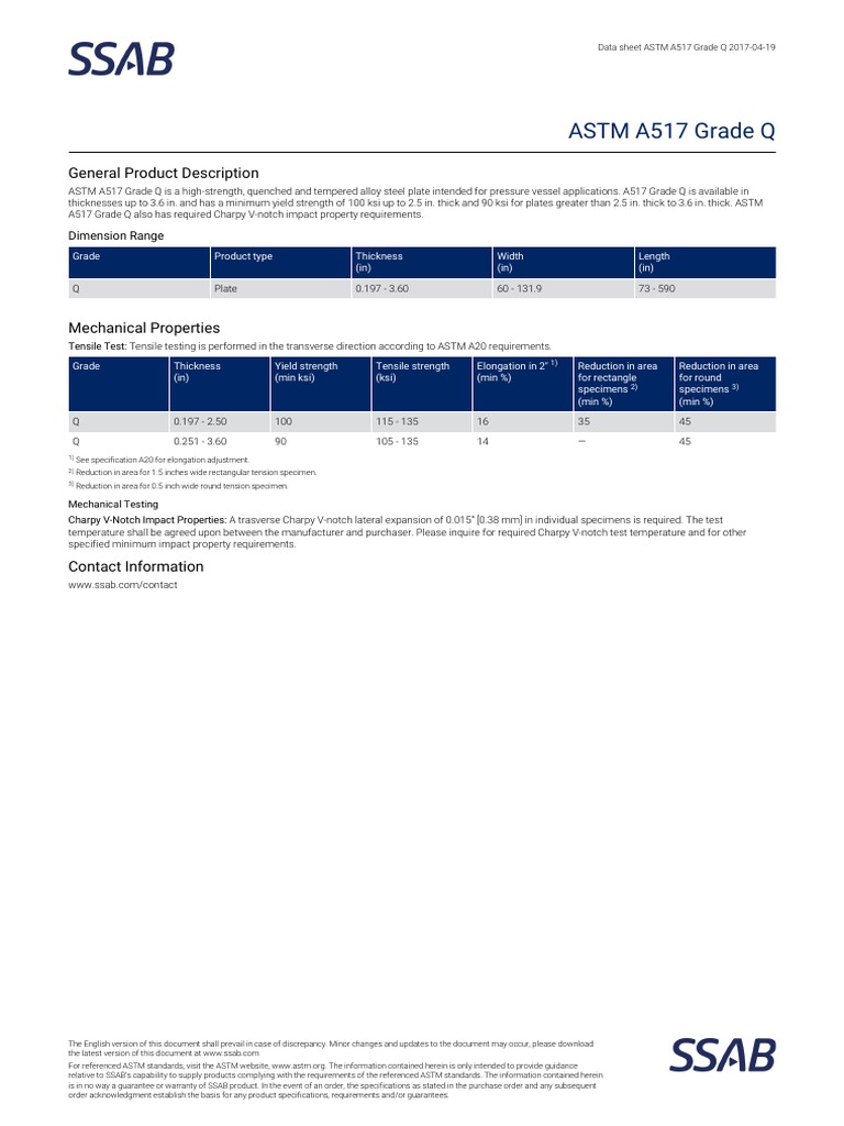 Data Sheet ASTM A517 Grade Q 2017-04-19 | PDF | Specification ...