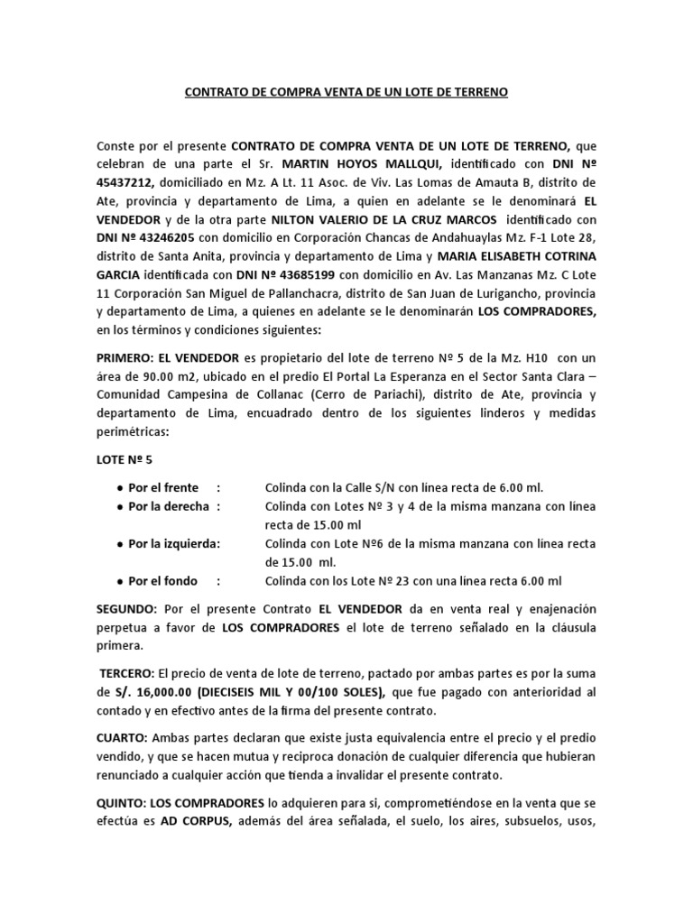 Contrato de Compra Venta de Un Lote de Terreno | Descargar gratis PDF ...