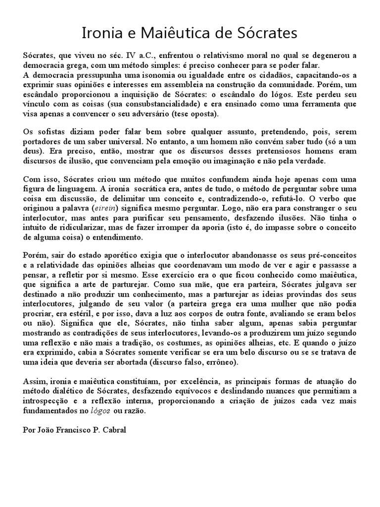 Ironia e Maiêutica de Sócrates 3º Ano 2023 | PDF | Sócrates