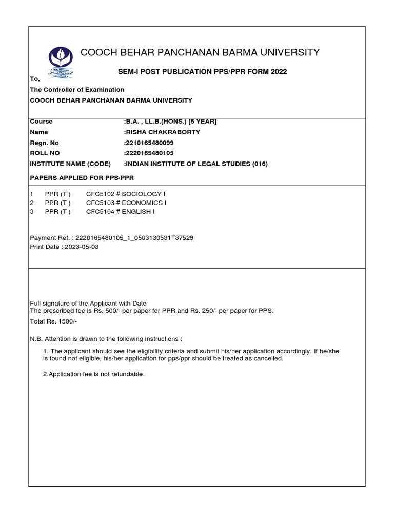 Cooch Behar Panchanan Barma University: Sem-I Post Publication PPS/PPR ...