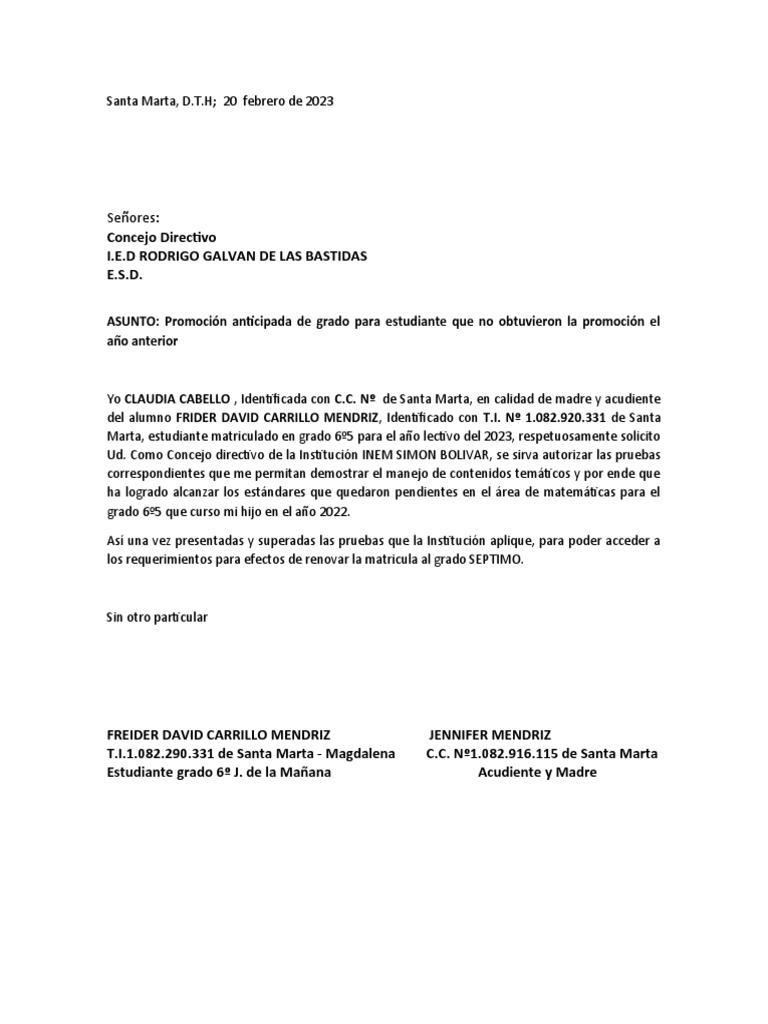 Carta de Promocion Anticipada de Estudiante | PDF