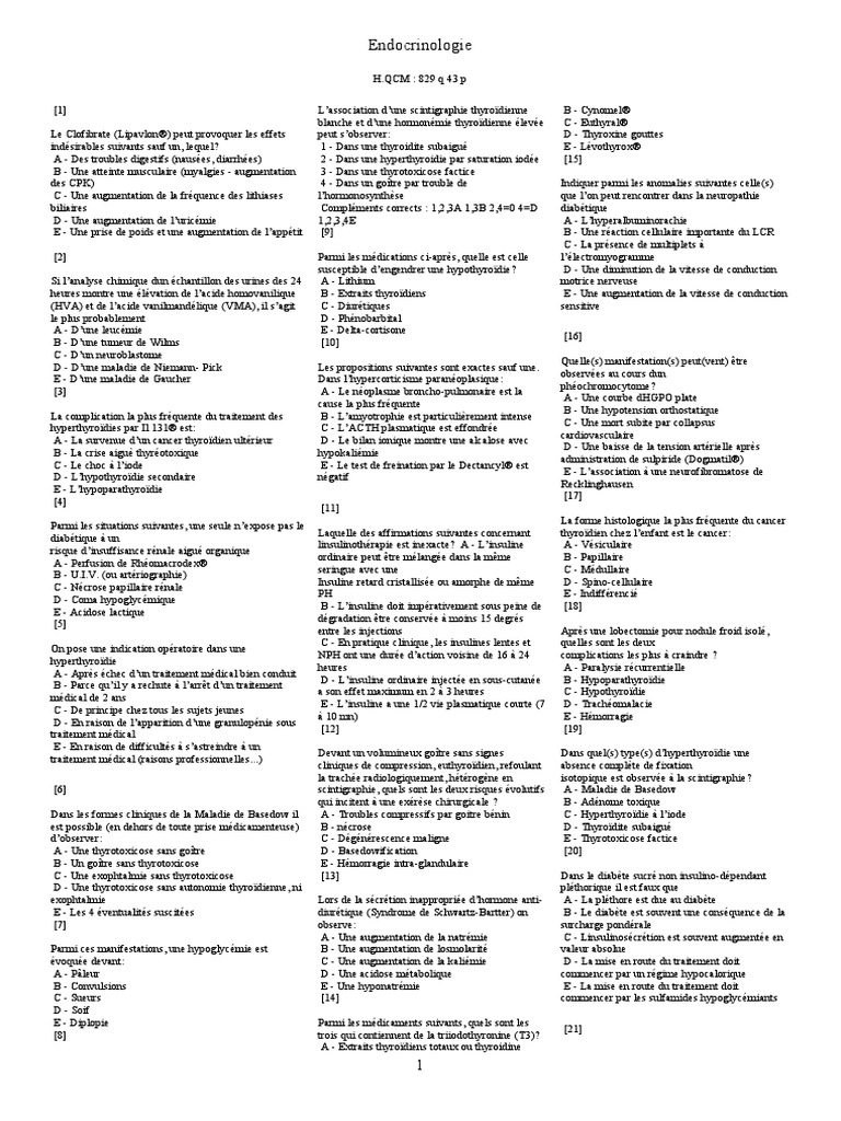 QCM Corrigés Endocrinologie | PDF | Hyperthyroïdie | Thyroïde