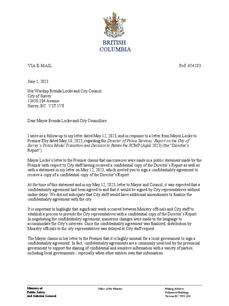Letter From B.C. Public Safety Minister Mike Farnworth | PDF | Royal ...