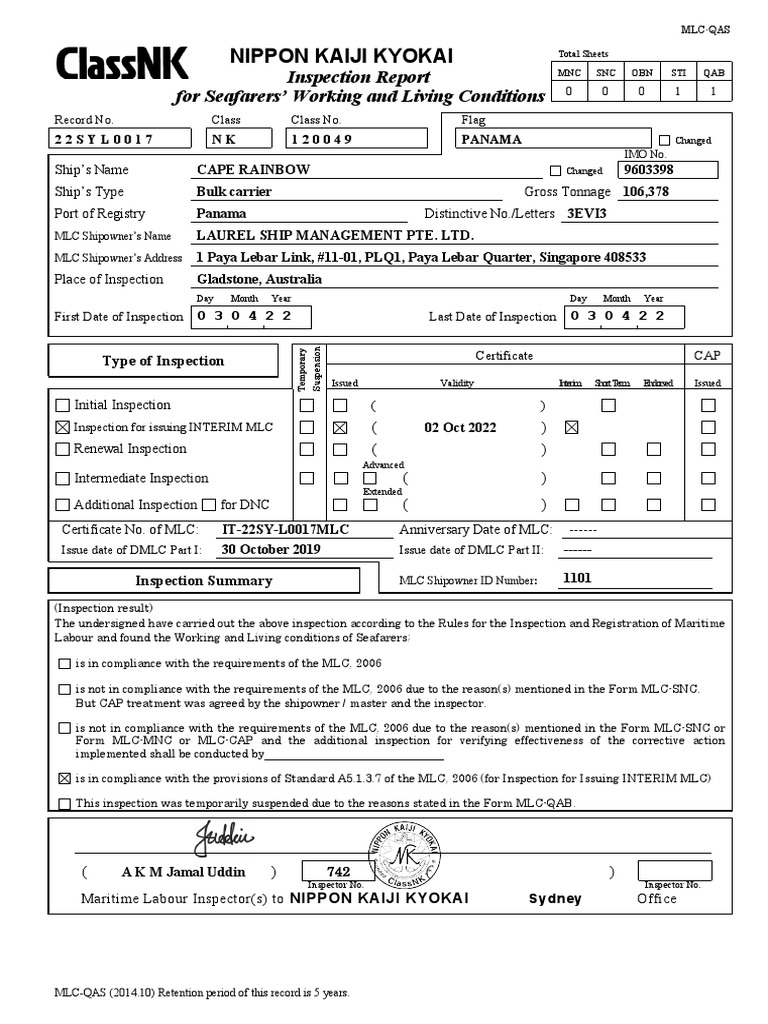 22SYL0017_Inspection Report for MLC | PDF