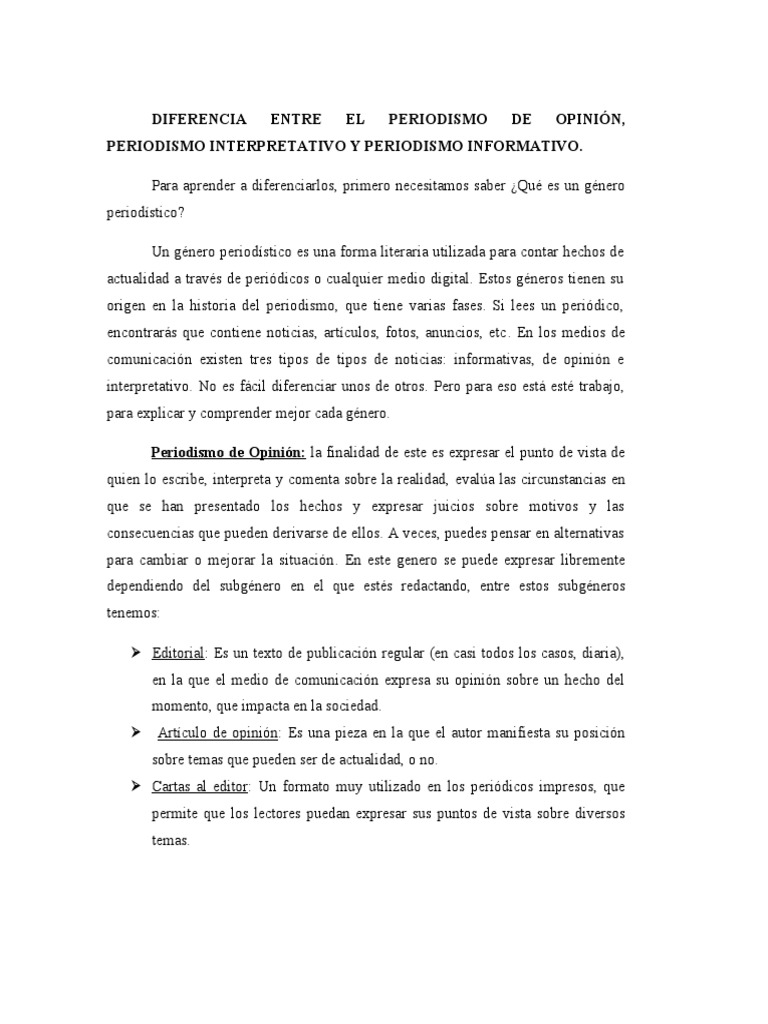 Diferencia Entre El Periodismo de Opinión, Interpretativo e Informativo ...
