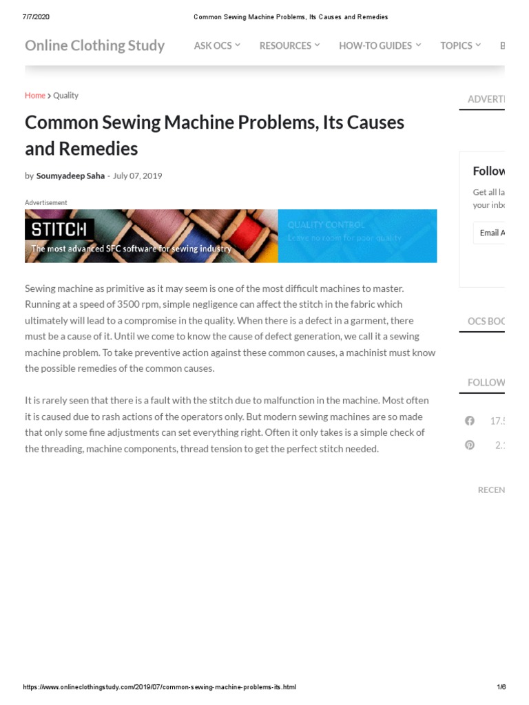 Common Sewing Machine Problems, Its Causes and Remedies | PDF | Sewing ...