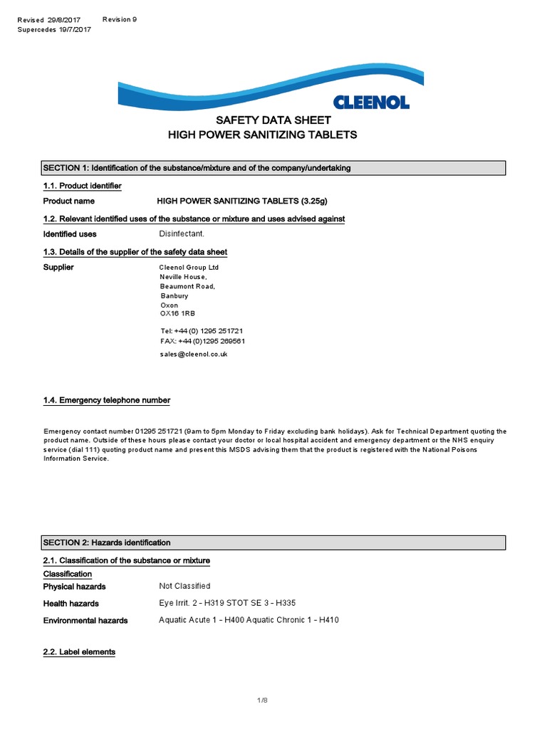 Hi Power Sanitizing Tablets MSDS | PDF | Dangerous Goods | Toxicity