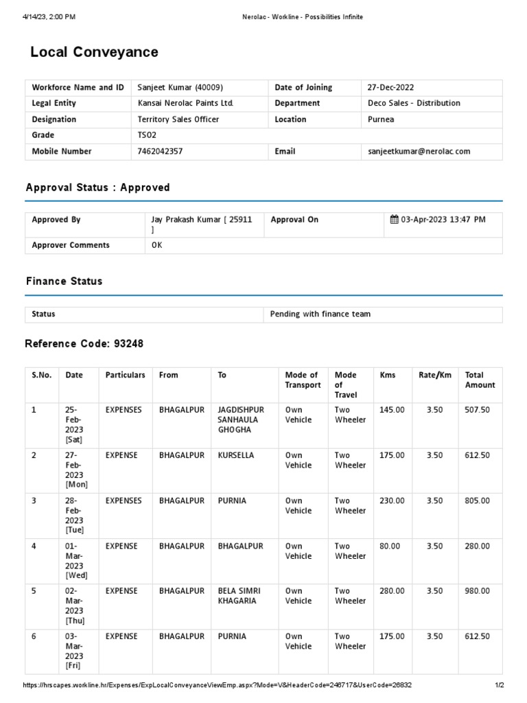 Nerolac Local Conveyance Expenses | PDF