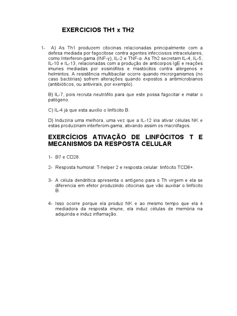 EXERCICIOS TH1 x TH2 imunologia | PDF