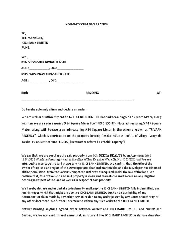 KATE INDEMNITY CUM DECLARATION | PDF | Indemnity | Damages