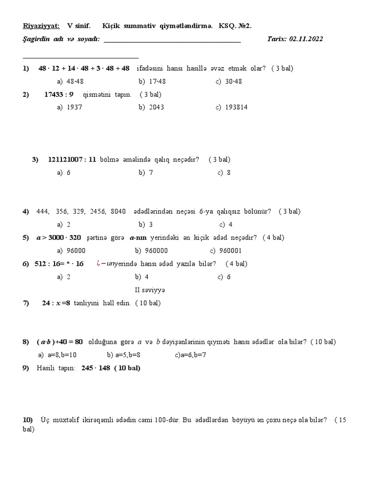 S. Riyaziyyat. KSQ. 2. I-II Variant. FƏRMAN VƏLİYEV | PDF