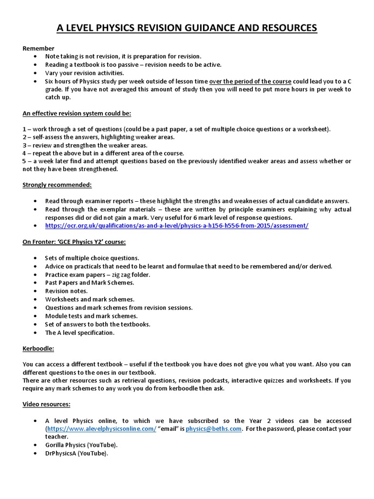 Revision Guidance A Level - Physics.196086756 | PDF | Cognition | Learning