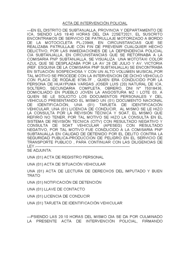 ACTA DE INTERVENCIÓN POLICIAL 22SET2021 1 | PDF