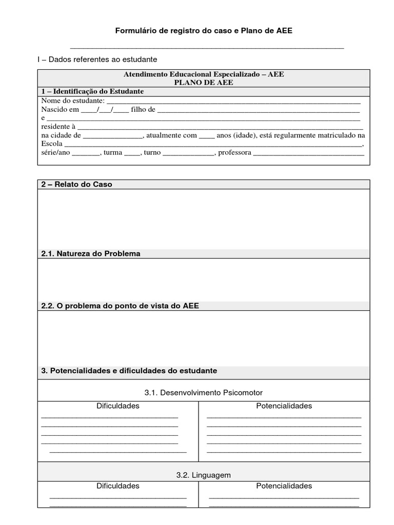 Formulário de Registro Do Caso e Plano de AEE | PDF | Pedagogia