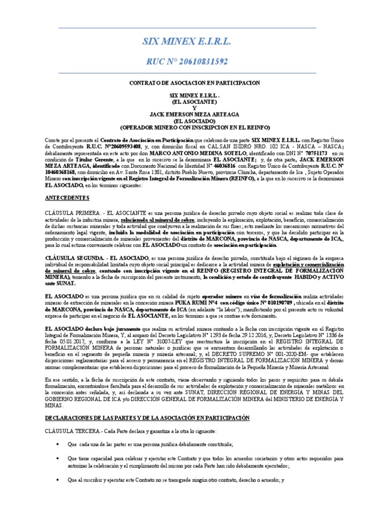 Contrato de Asociacion en Participacion Six Minex | PDF | Minería ... Contrato de Asociacion en Participacion Six Minex | PDF | Minería ...