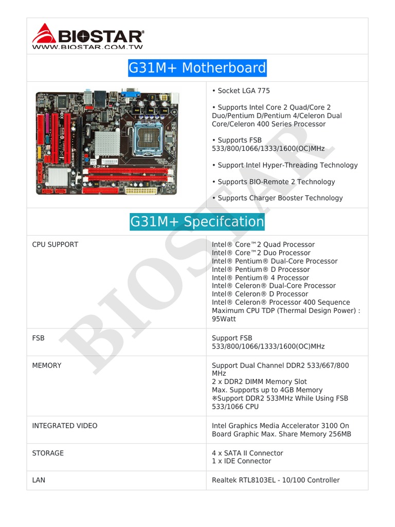 Biostar g31m+ Spec | PDF | Computer Science | Computer Hardware