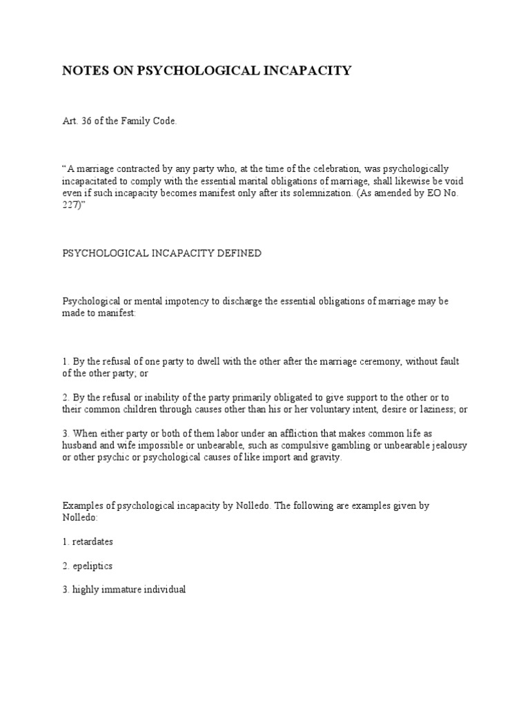 Notes On Psychological Incapacity | PDF | Wife | Husband