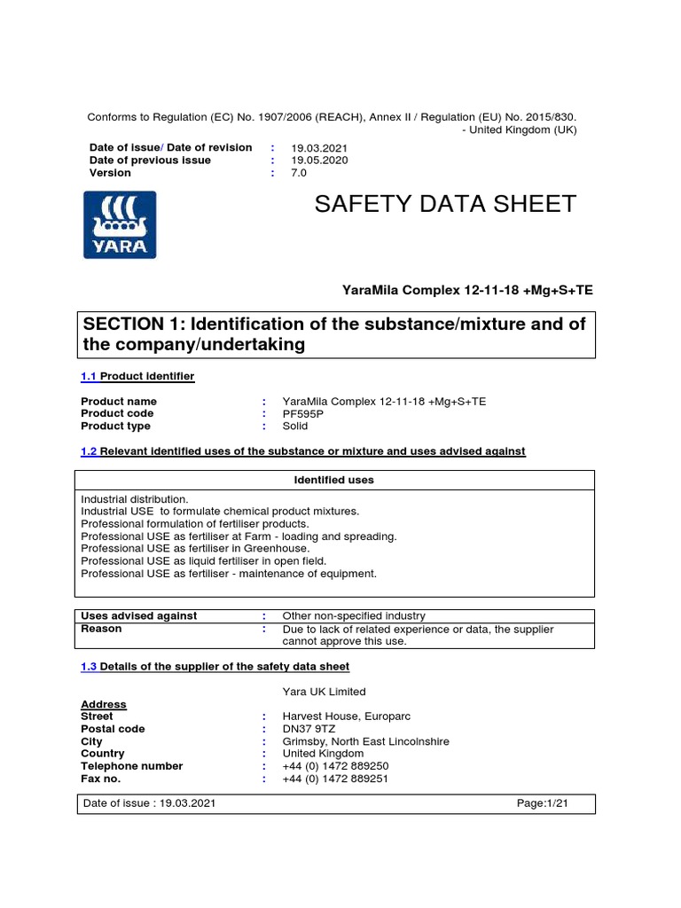 YaraMila Complex Fertilizer SDS | PDF | Waste | Dangerous Goods