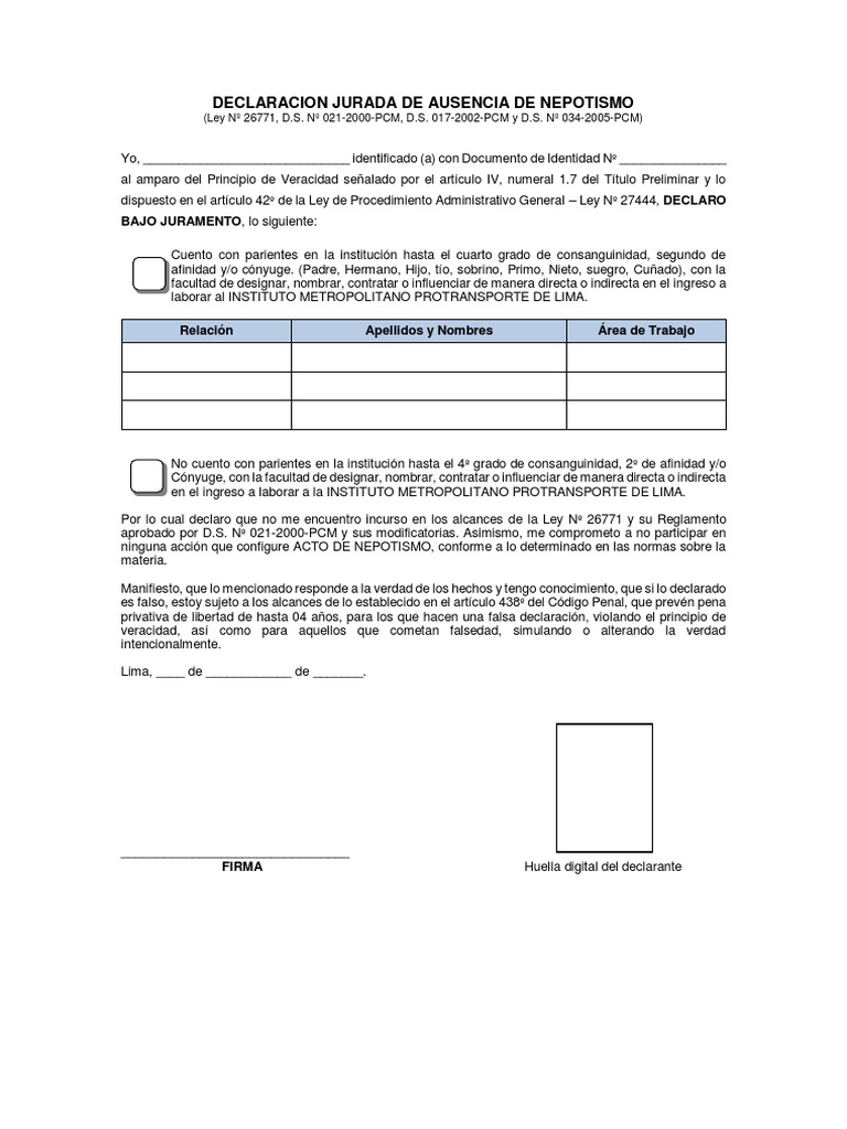 Anexo #04 Declaración Jurada de Ausencia de Nepotismo | PDF