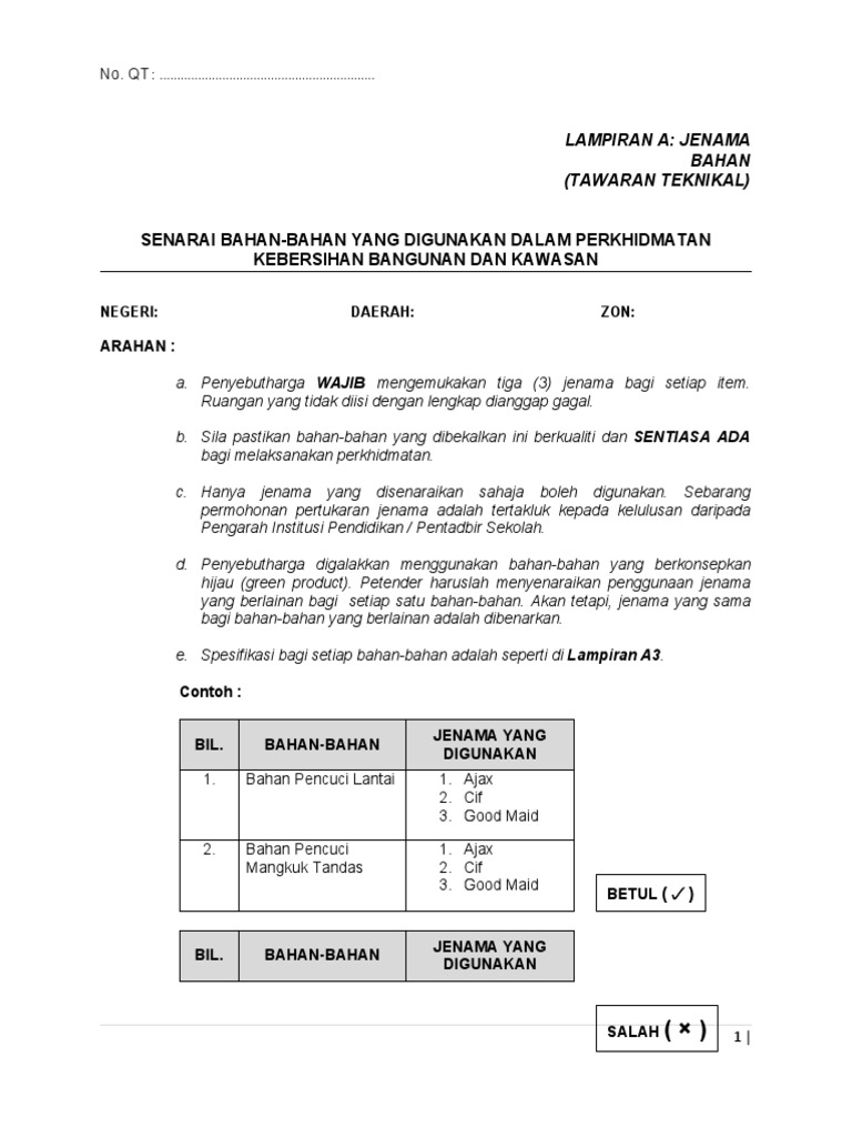 Tawaran Teknikal A Senarai Jenama Bahan | PDF