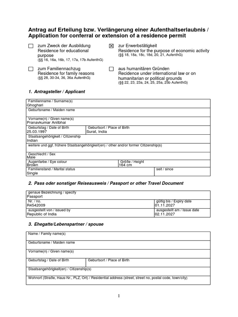 Antrag Auf Erteilung, Verlängerung Einer Aufenthaltserlaubnis | PDF