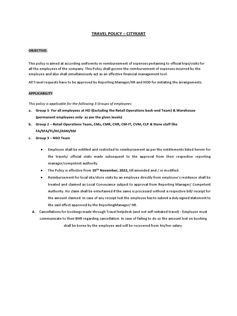 Citykart Travel Reimbursement Policy | PDF