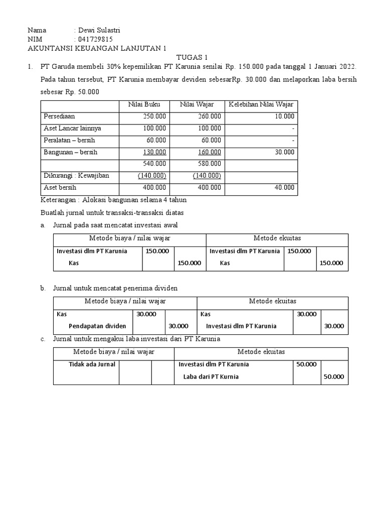 AKUNTANSI KEUANGAN LANJUTAN 1 Tugas 1 | PDF