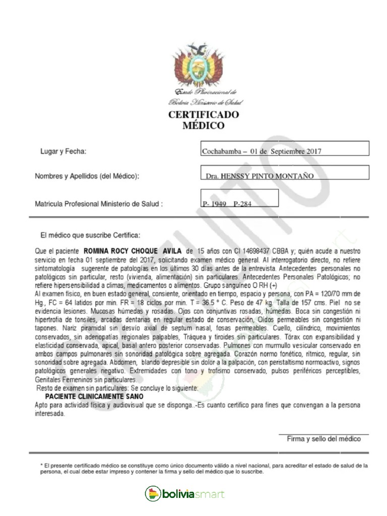Modelo de Certificado Medico Bolivia | PDF