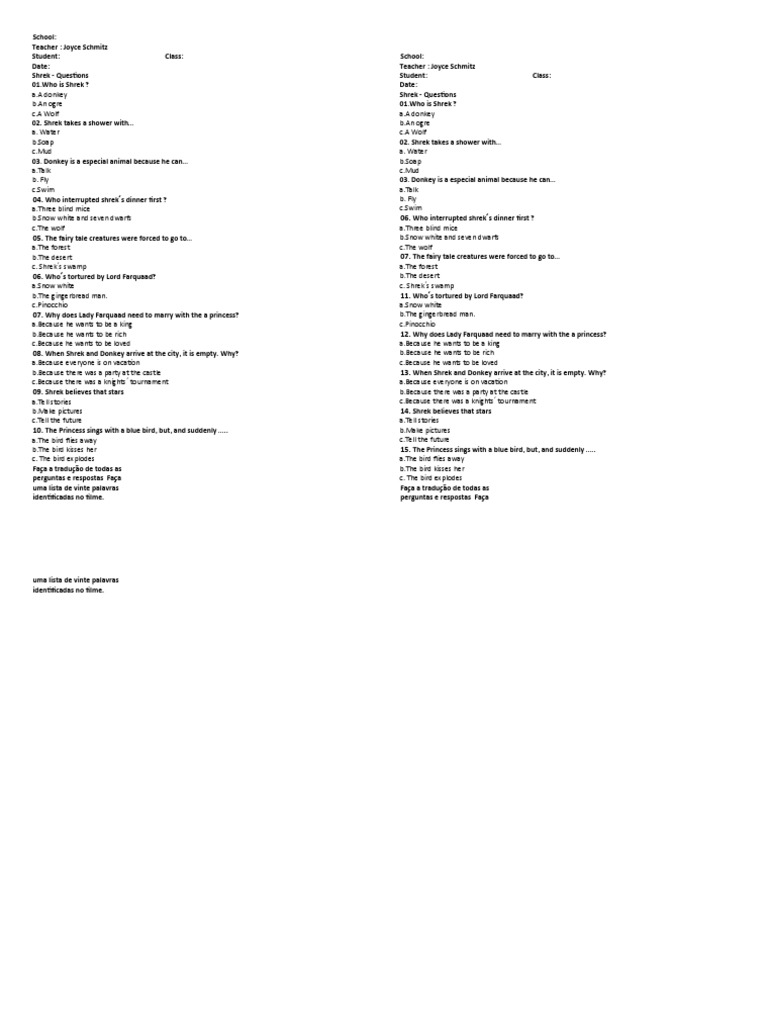 Shrek Questions | PDF