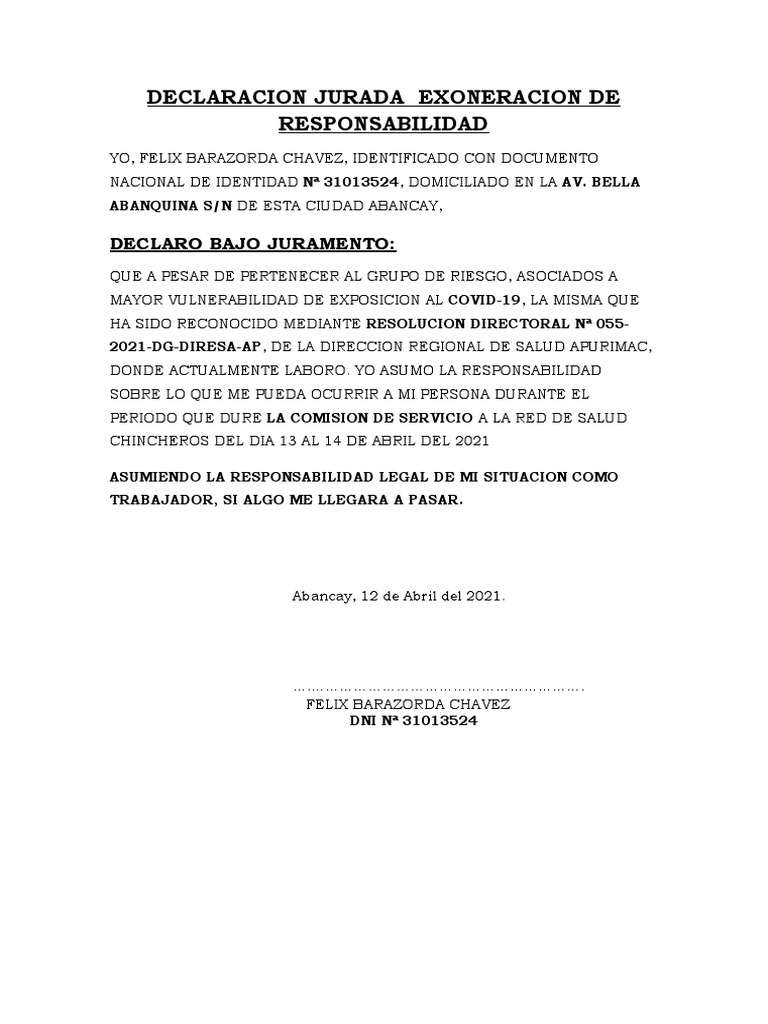 Declaracion Jurada Exoneracion de Responsabilidad | PDF