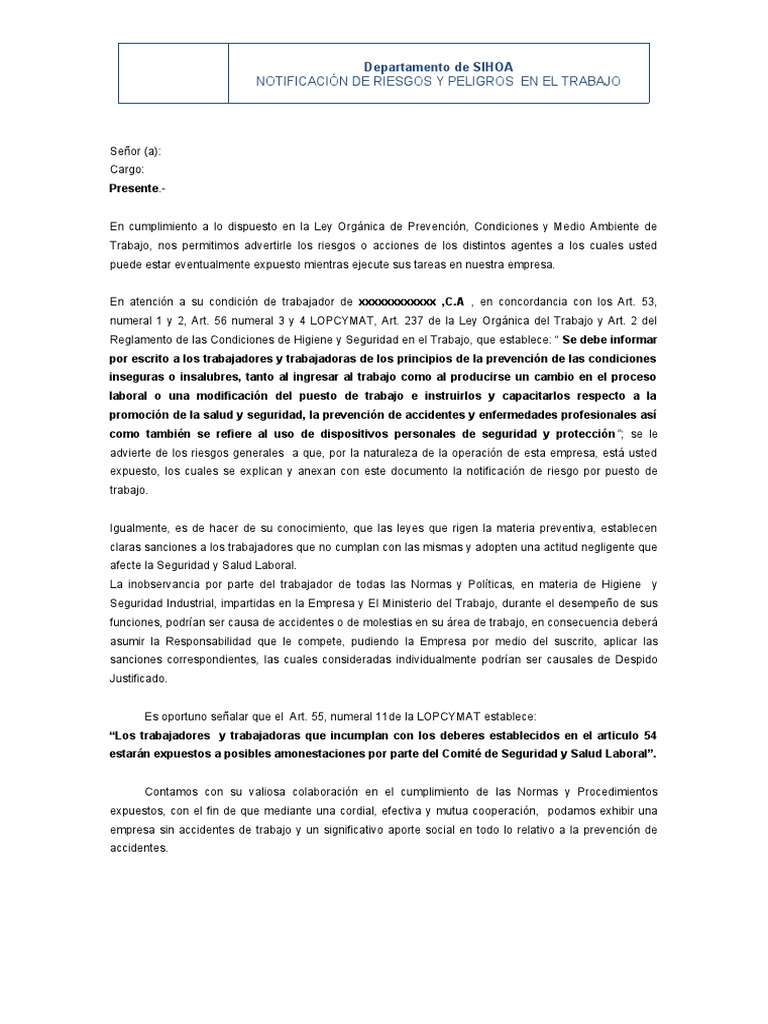 Notificacion de Riesgos en El Trabajo I | PDF | Seguridad y salud ... Notificacion de Riesgos en El Trabajo I | PDF | Seguridad y salud ...