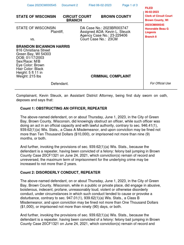 Brandon Harris Criminal Complaint | PDF | Wisconsin Circuit Courts | District Attorney