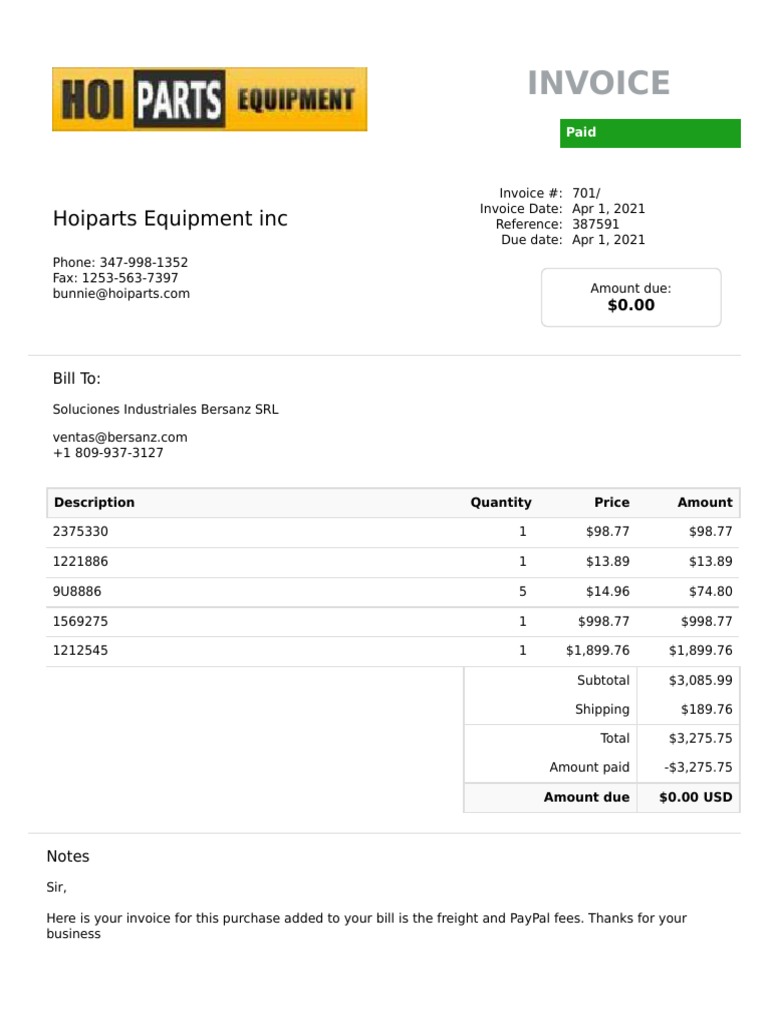 Invoice: Hoiparts Equipment Inc | PDF